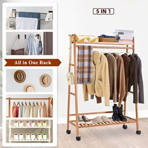 Azaeahom Bamboo Clothing Rack, Garment Coat Clothes Hanging Movable Duty Rack, 5-in-1 Shoe Hat Storage Organizer Shelves for Bedroom, Entrance, Home