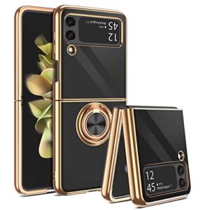 bentoben galaxy z flip 3 case 5g with 360° ring holder, shockproof slim kickstand magnetic support car mount women men non-slip protective phone case for samsung galaxy z flip 3, black/gold