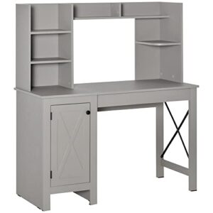 homcom farmhouse computer desk with hutch and cabinet, home office desk with storage, for study, light grey