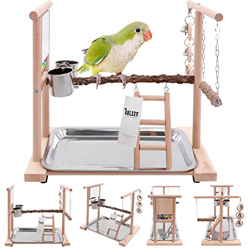 Bird Playground Parrot Play Stand, Bird Play Pen Gym for Parakeets Cockatiels Conures Budgies, Natural Wood Bird Playstand with Perches Feeder Cups Tray Swing Ladder Bells Mirror Toys