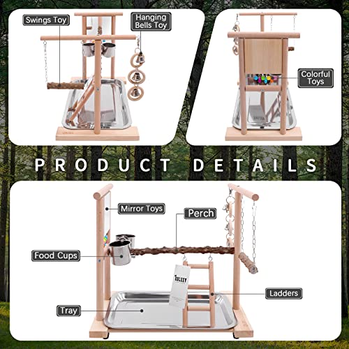 Bird Playground Parrot Play Stand, Bird Play Pen Gym for Parakeets Cockatiels Conures Budgies, Natural Wood Bird Playstand with Perches Feeder Cups Tray Swing Ladder Bells Mirror Toys