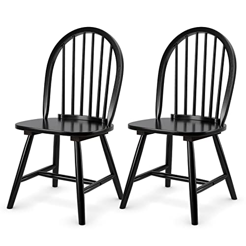 KOTEK Wood Dining Chairs Set of 2, Windsor Chairs with Spindle Back, Solid Wood Legs, Wide Seat, Farmhouse Armless Side Chairs for Living Room, Dining Room, Kitchen (Black)