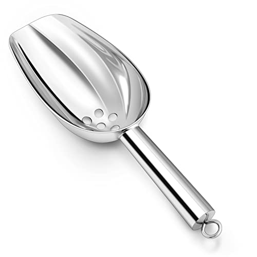 TeamFar 5 oz Ice Scoop with Holes, Stainless Steel Food Scoop Shovel with Drain Holes for Kitchen Bar Party Wedding, Healthy & Heavy Duty, Sturdy Handle & Mirror Finish, Dishwasher Safe