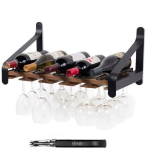 rustic state barrel wall mounted wine rack with cork opener - 5 bottle 15 stemware glass holder storage - wood floating glassware shelf organizer - kitchen dining room bar décor - walnut