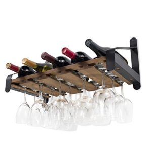 Rustic State Barrel Wall Mounted Wine Rack with Cork Opener - 5 Bottle 15 Stemware Glass Holder Storage - Wood Floating Glassware Shelf Organizer - Kitchen Dining Room Bar Décor - Walnut