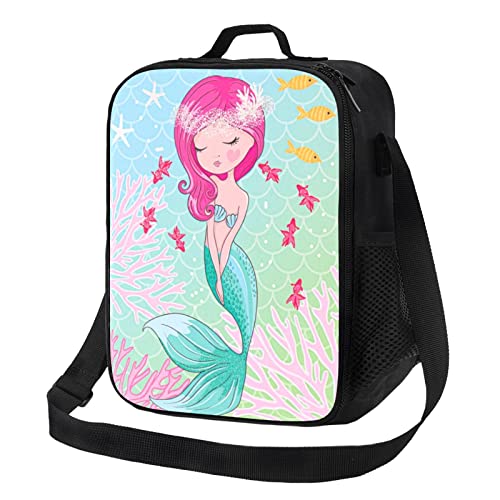 Kids Lunch Box, Insulated Lunch Bag for Girls, Pink Mermaid Cute Lunch Bag with Shoulder Strap, School Bento Lunch Box for Kids Toddlers Teens, Small Black Reusable Cooler Thermal Meal Tote Kit