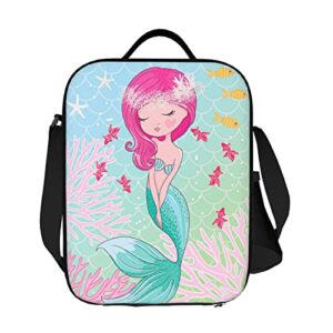 Kids Lunch Box, Insulated Lunch Bag for Girls, Pink Mermaid Cute Lunch Bag with Shoulder Strap, School Bento Lunch Box for Kids Toddlers Teens, Small Black Reusable Cooler Thermal Meal Tote Kit