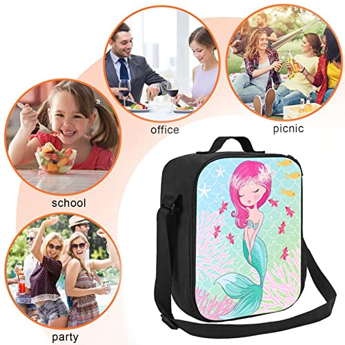 Kids Lunch Box, Insulated Lunch Bag for Girls, Pink Mermaid Cute Lunch Bag with Shoulder Strap, School Bento Lunch Box for Kids Toddlers Teens, Small Black Reusable Cooler Thermal Meal Tote Kit