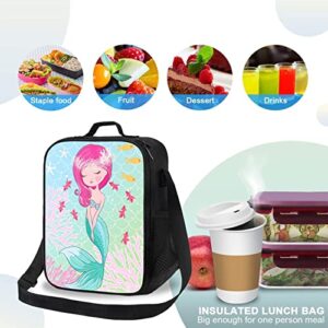 Kids Lunch Box, Insulated Lunch Bag for Girls, Pink Mermaid Cute Lunch Bag with Shoulder Strap, School Bento Lunch Box for Kids Toddlers Teens, Small Black Reusable Cooler Thermal Meal Tote Kit