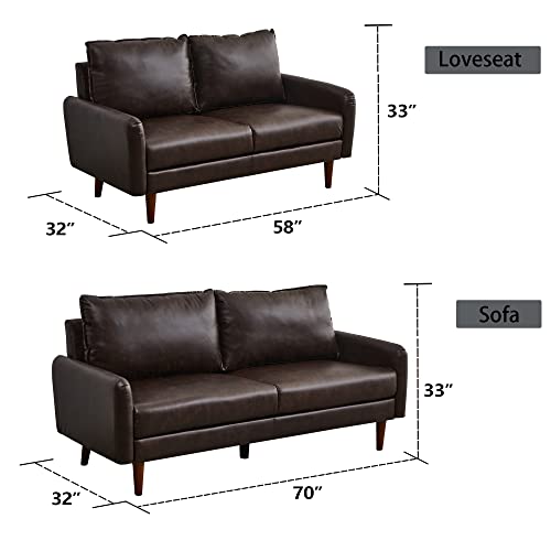 INSTORY Leather Sofa Modern Couch with Wooden Legs for Living Room,Office - Brown