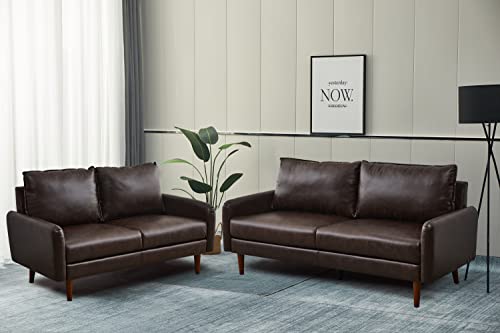 INSTORY Leather Sofa Modern Couch with Wooden Legs for Living Room,Office - Brown