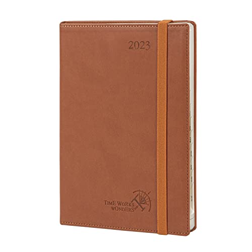 POPRUN 2023 Planner Weekly and Monthly 6.5" x 8.5" - Agenda 2023 with Hourly Time Slots, Monthly Expense & Notes, Inner Pocket, Vegan Leather Soft Cover - Brown