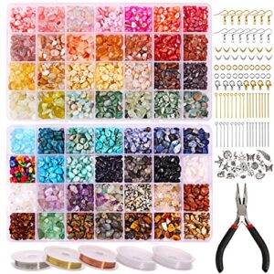 quefe 1800pcs 56 colors crystal beads, ring making kit, gemstone chip beads irregular natural stone with jewelry making supplies for diy craft bracelet necklace earrings, craft gifts