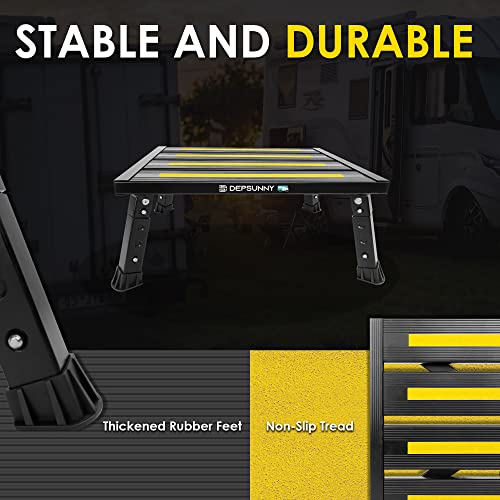 DEPSUNNY Adjustable Height Aluminum RV Step, Stable Foldable Platform Step Stool, Supports Up to 1,000 lb, Non-Slip Rubber Feet and Platform Mat, Easy to Carry (Black)