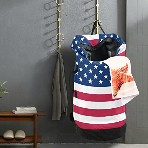 xigua Heavy Duty Laundry Backpack with Handle and Drawstring Closure, American Flag (2) Portable Storage Bag for Laundry Room, College Dorm, Travel