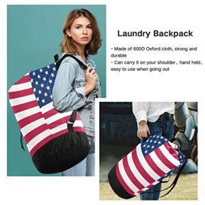 xigua Heavy Duty Laundry Backpack with Handle and Drawstring Closure, American Flag (2) Portable Storage Bag for Laundry Room, College Dorm, Travel