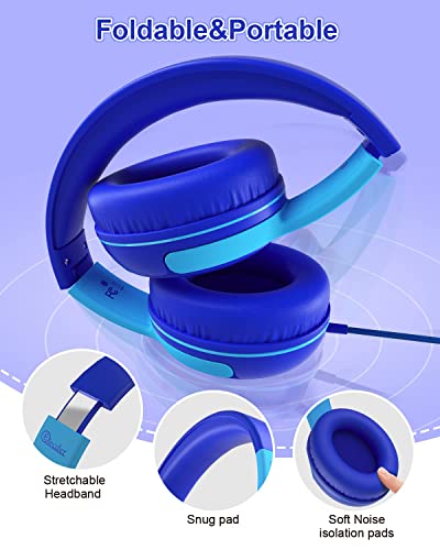 ELECDER Kids Headphones, S8 Wired Headphones for Kids with Microphone for Boys Girls, Adjustable 85dB/94dB Volume Limited, 3.5 mm Jack for School/Kindle/Smartphones/Tablet/Airplane Travel(Navy/Blue)