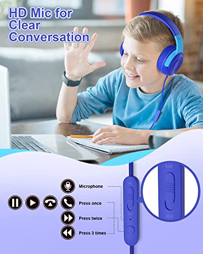 ELECDER Kids Headphones, S8 Wired Headphones for Kids with Microphone for Boys Girls, Adjustable 85dB/94dB Volume Limited, 3.5 mm Jack for School/Kindle/Smartphones/Tablet/Airplane Travel(Navy/Blue)