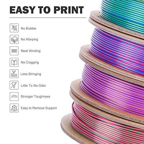 ERYONE Silk Dual Color Filament PLA 3D Printer 1.75mm +/-0.03 mm, Silk Coextrusion PLA Shiny Filament 0.25kg/Spools,4Pack(2.2lbs), Blue&Green, Red&Green, Red&Blue, Gold&Purple