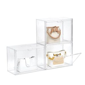 qozary 3 pack handbag purse organizer for closet, clear display case, stackable plastic storage organizer boxes for handbag, purse, figures, toys collection, high-end sunglasses, book