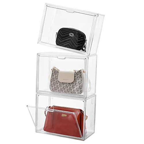 Coorganisers 3 Packs Plastic Purse and Handbag Organizer for Closet, Clear Acrylic Display Case with Magnetic Door, Stackable Storage Organizer for Wallet, Book, Cosmetic, Toys, Clutch, Collectibles