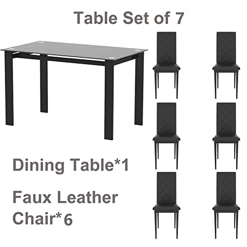 Yoglad Dining Table and Chairs, Dining Table/Chairs Set, Clean-Cutting Faux Leather Chairs, Simple Style Table with Tempered Glass Top, for Kitchen & Dining Room (Black, Chairs*6 & Table*1, Set of 7)