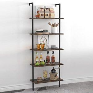 aktop industrial bookshelf ladder shelf - wall mount tall storage rack etagere shelves - 5 tier vintage display bookshelf with 2 storage boxes for home office, living room, bedroom - rustic brown