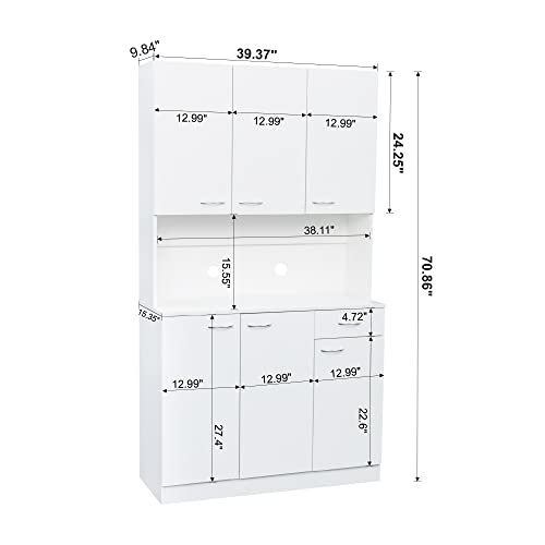 WERSMT Kitchen Pantry Storage Cabinet with 6 Door 1 Drawer 1 Display Space, Multifunctional Buffet Storage Coffee Bar for Kitchen, Living Room, 39.37"x15.35"x70.86",White