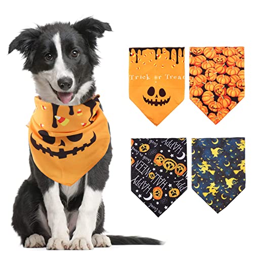 YUDANSI 4 Pack Halloween Dog Bandanas, Dog Halloween Costumes Washable Adjustable Triangle Cat Dog Neckerchief, Happy Halloween Dog Birthday Party Bandana Accessories for Small Medium Large Dogs