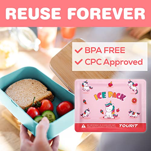 TOURIT Reusable Soft Kids Ice Packs for Lunch Box Lunch Bags and Cooler, BPA Free, Slim and Keep Food Cold Long, Super Cute Ice Packs, Easy to Clean (2 Packs Pink Unicorn