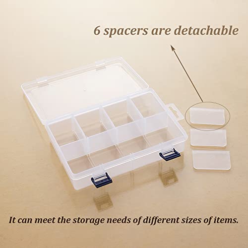 3Pcs Large Transparent Plastic Storage Box with Adjustable Dividers 8 Grids Clear Rectangular Organizer Container for Jewelry Beads Earring Fishing Hook Small Accessories