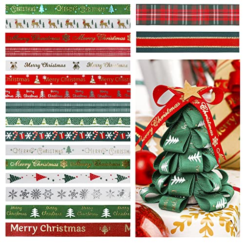 WELTOKE Christmas Ribbons Holiday Grosgrain Satin Ribbons for Christmas Gifts Wrapping Christmas Tree Decorations Festival DIY Crafts Wedding Hair Bows Party Favor(20 Pcs 3 Sizes 55 Yards)