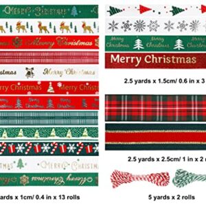 WELTOKE Christmas Ribbons Holiday Grosgrain Satin Ribbons for Christmas Gifts Wrapping Christmas Tree Decorations Festival DIY Crafts Wedding Hair Bows Party Favor(20 Pcs 3 Sizes 55 Yards)