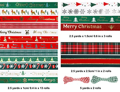 WELTOKE Christmas Ribbons Holiday Grosgrain Satin Ribbons for Christmas Gifts Wrapping Christmas Tree Decorations Festival DIY Crafts Wedding Hair Bows Party Favor(20 Pcs 3 Sizes 55 Yards)