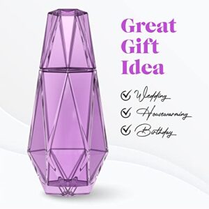 Modern Geometric Bedside Carafe | 2-Piece Set - Bedside Water Carafe | Glass Carafe with Cup that Doubles as Lid | Elegant Pitcher and Matching Drinking Tumbler for Guest Room, Office in Purple (37oz)