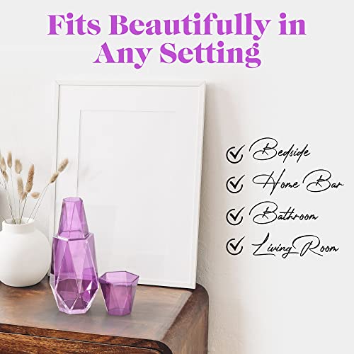 Modern Geometric Bedside Carafe | 2-Piece Set - Bedside Water Carafe | Glass Carafe with Cup that Doubles as Lid | Elegant Pitcher and Matching Drinking Tumbler for Guest Room, Office in Purple (37oz)