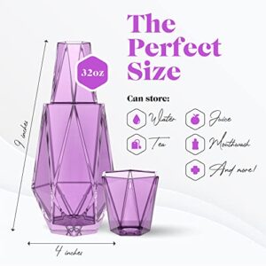 Modern Geometric Bedside Carafe | 2-Piece Set - Bedside Water Carafe | Glass Carafe with Cup that Doubles as Lid | Elegant Pitcher and Matching Drinking Tumbler for Guest Room, Office in Purple (37oz)