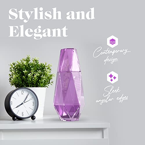 Modern Geometric Bedside Carafe | 2-Piece Set - Bedside Water Carafe | Glass Carafe with Cup that Doubles as Lid | Elegant Pitcher and Matching Drinking Tumbler for Guest Room, Office in Purple (37oz)