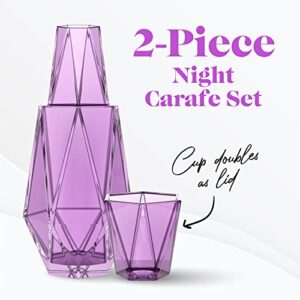 Modern Geometric Bedside Carafe | 2-Piece Set - Bedside Water Carafe | Glass Carafe with Cup that Doubles as Lid | Elegant Pitcher and Matching Drinking Tumbler for Guest Room, Office in Purple (37oz)