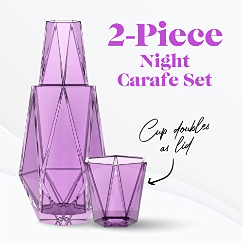 Modern Geometric Bedside Carafe | 2-Piece Set - Bedside Water Carafe | Glass Carafe with Cup that Doubles as Lid | Elegant Pitcher and Matching Drinking Tumbler for Guest Room, Office in Purple (37oz)