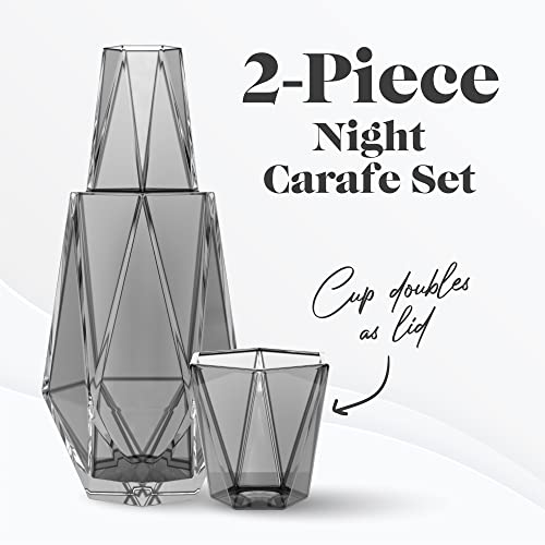 Modern Geometric Bedside Carafe | 2-Piece Set - Bedside Water Carafe | Glass Carafe with Cup that Doubles as Lid | Bedside Water Carafe and Glass Set in Grey (37oz)