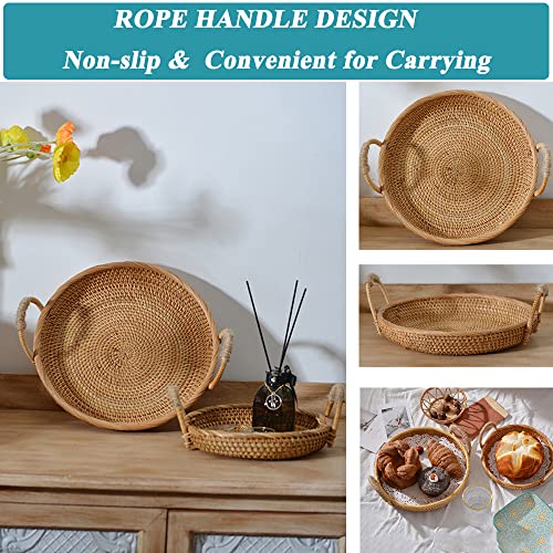 Rattan Round Serving Tray with Handle for Coffee Table Wicker Woven Small Large Bread Basket Storage Bathroom Home Decorative Tray Organizer Tabletop for Remotes, Candles, and Vase (Set of 2)