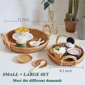 Rattan Round Serving Tray with Handle for Coffee Table Wicker Woven Small Large Bread Basket Storage Bathroom Home Decorative Tray Organizer Tabletop for Remotes, Candles, and Vase (Set of 2)