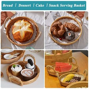 Rattan Round Serving Tray with Handle for Coffee Table Wicker Woven Small Large Bread Basket Storage Bathroom Home Decorative Tray Organizer Tabletop for Remotes, Candles, and Vase (Set of 2)