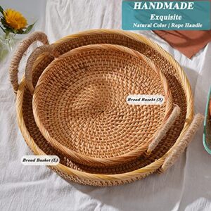 Rattan Round Serving Tray with Handle for Coffee Table Wicker Woven Small Large Bread Basket Storage Bathroom Home Decorative Tray Organizer Tabletop for Remotes, Candles, and Vase (Set of 2)