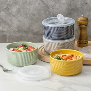 Adewnest Ceramic Bowl with Lid: 5 Inch Porcelain Bowls Set with Lids for Lunch, Picnic - Food Storage Containers - Prep Bowls for Kitchen - Microwave Oven Safe Serving Bowls Set of 4, 20 oz (Warm)