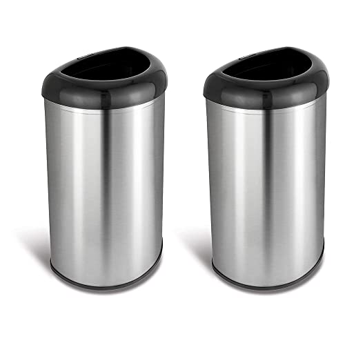 NINESTARS 13 Gal Stainless Steel Semi Round Open Top Trash Can w/ Finger Print Resisting Brushed Finish and Ring Liner, Silver Can, Black Lid (2 Pack)