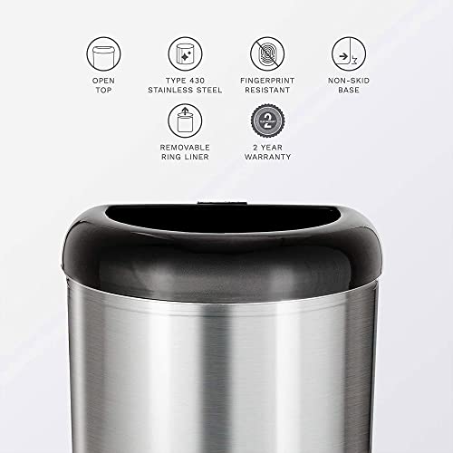 NINESTARS 13 Gal Stainless Steel Semi Round Open Top Trash Can w/ Finger Print Resisting Brushed Finish and Ring Liner, Silver Can, Black Lid (2 Pack)