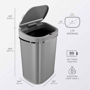 NINESTARS 21 Gallon Rectangular Stainless Steel Automatic Soft Close Motion Sensor Trash Can with Manual Mode, Ring Liner, and Non-Skid Base (2 Pack)