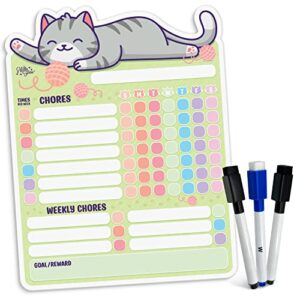 willa flare fridge chore chart 1 pc | magnetic chore chart for kids and adults | helps to reward responsibility with family chores charts | includes wet and dry erase markers (gray cat)